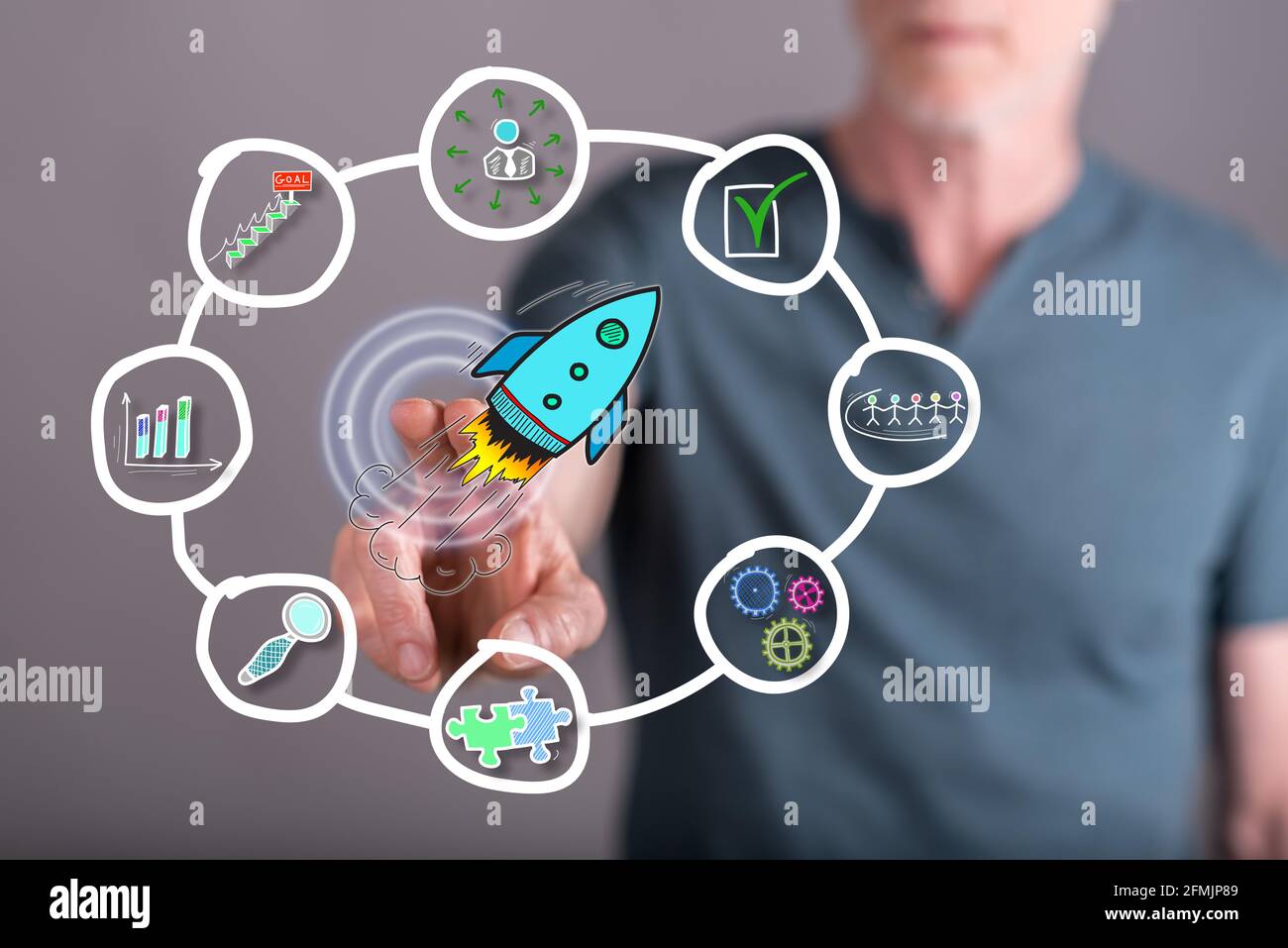 Man touching a business strategy concept on a touch screen with his ...