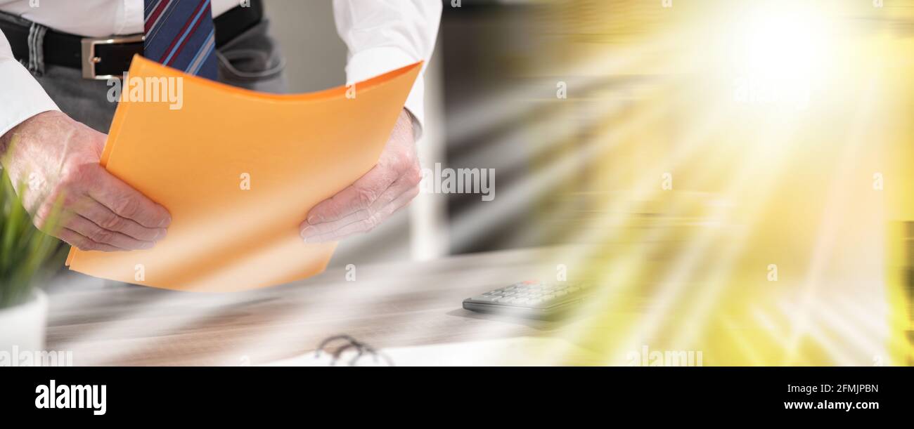 Businessman holding folder with paper documents; multiple exposure ...