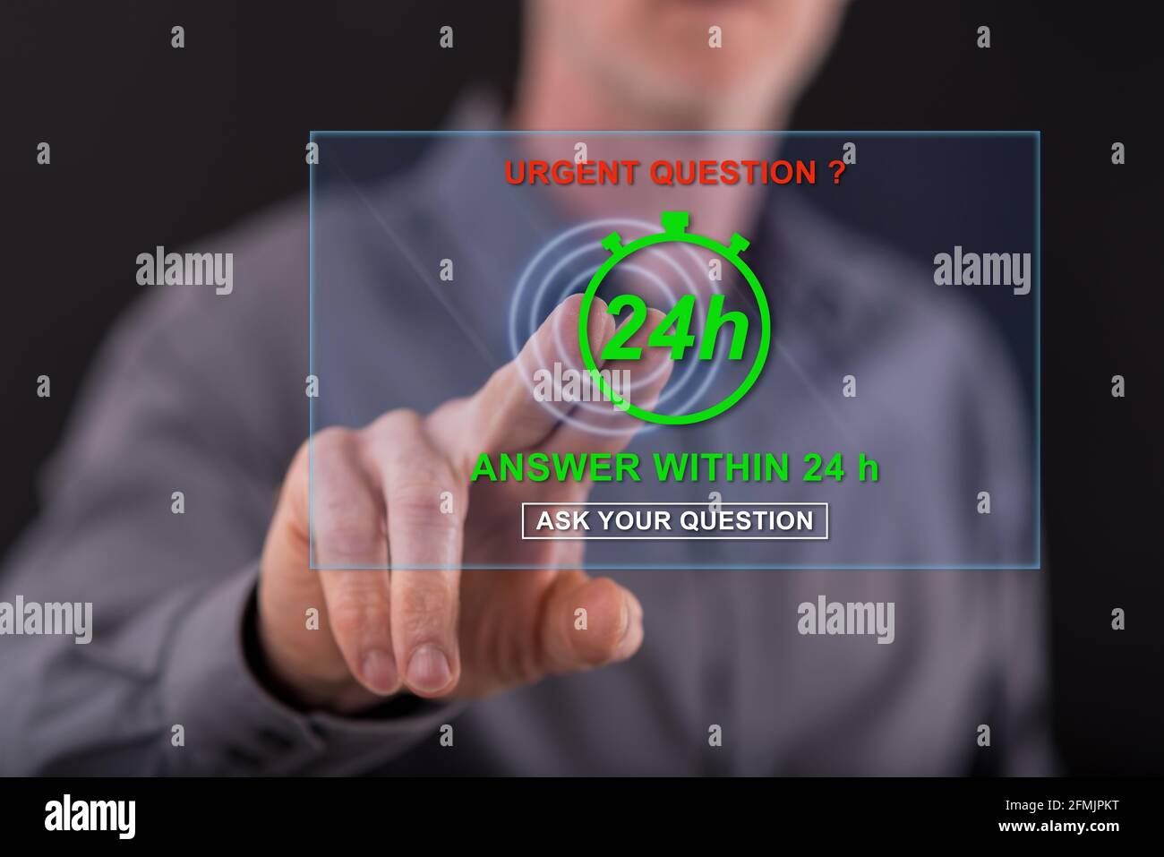 Man touching an urgent questions concept on a touch screen with his ...