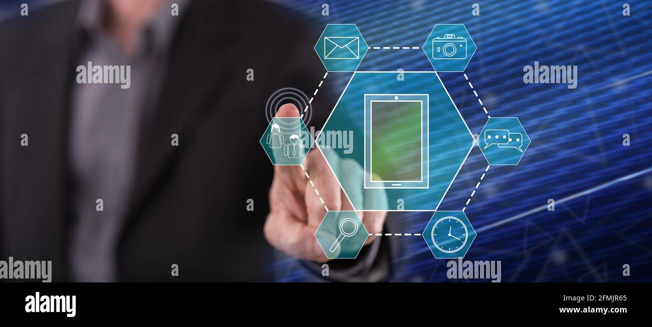 Man touching an apps concept on a touch screen with his finger Stock ...