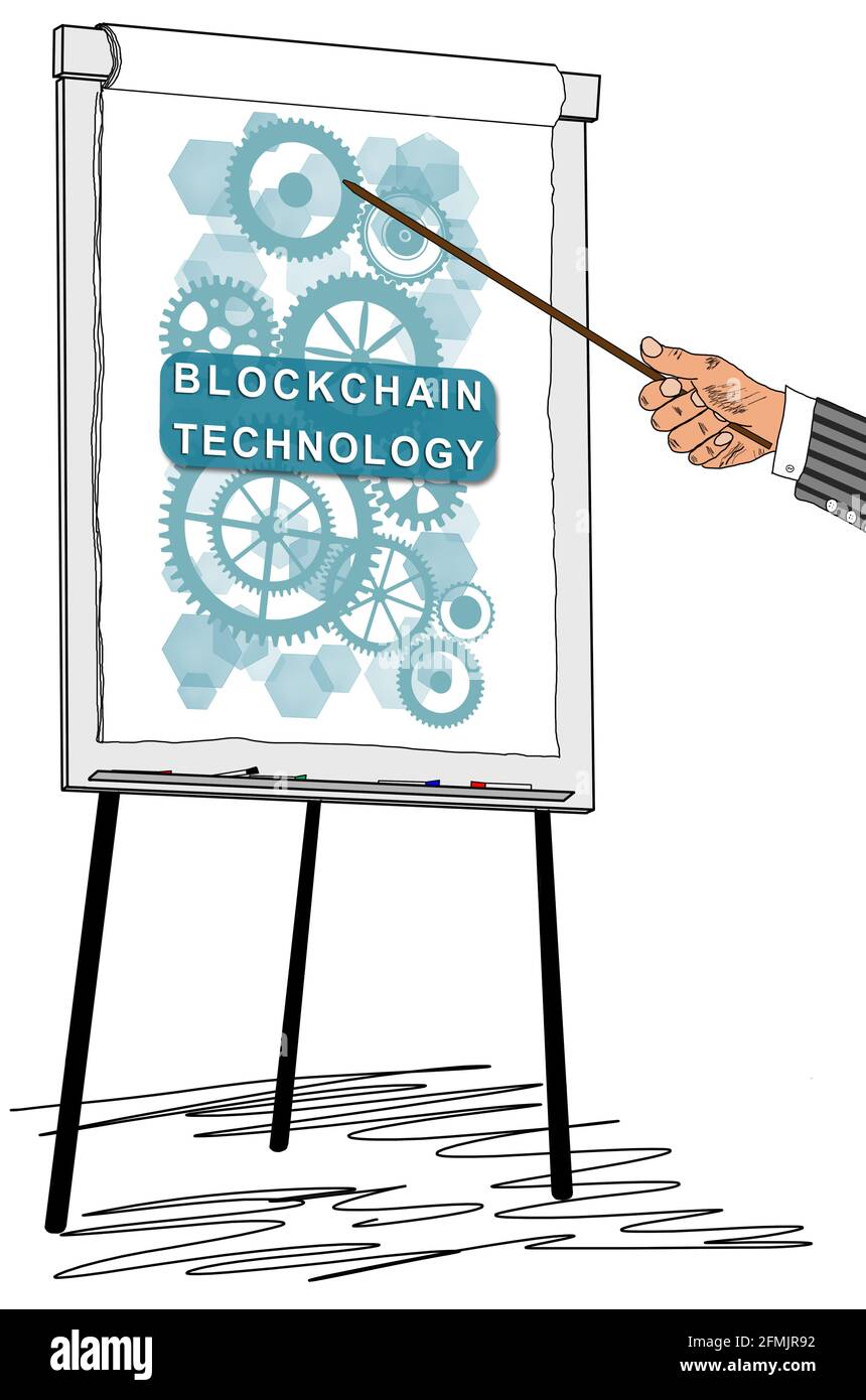 Hand showing blockchain technology concept on a flipchart Stock Photo ...