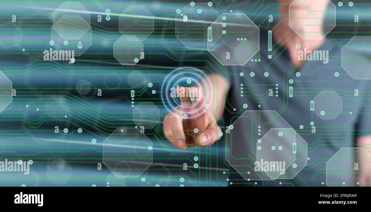 Man touching a digital technology concept on a touch screen with his ...