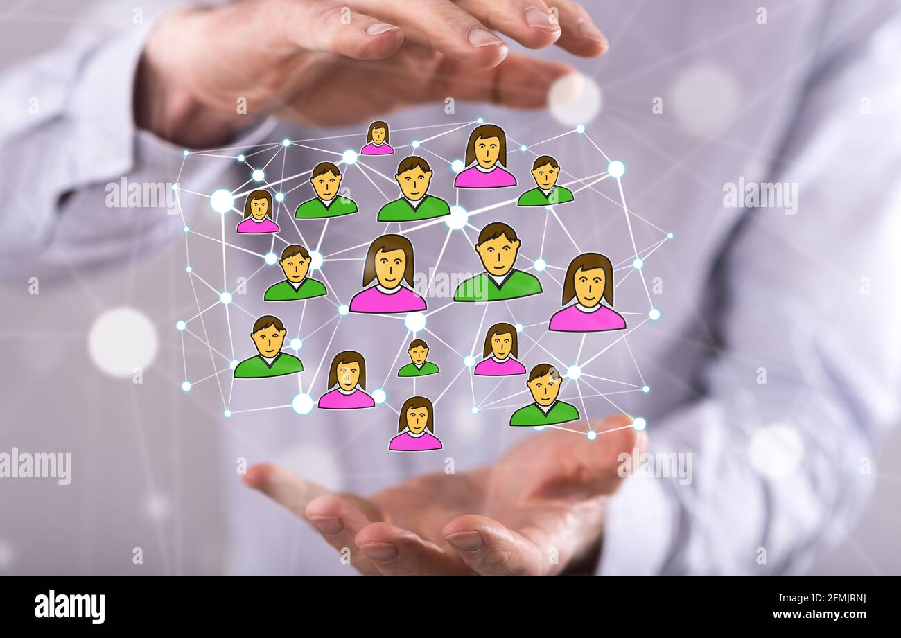Social network concept between hands of a man in background Stock Photo ...