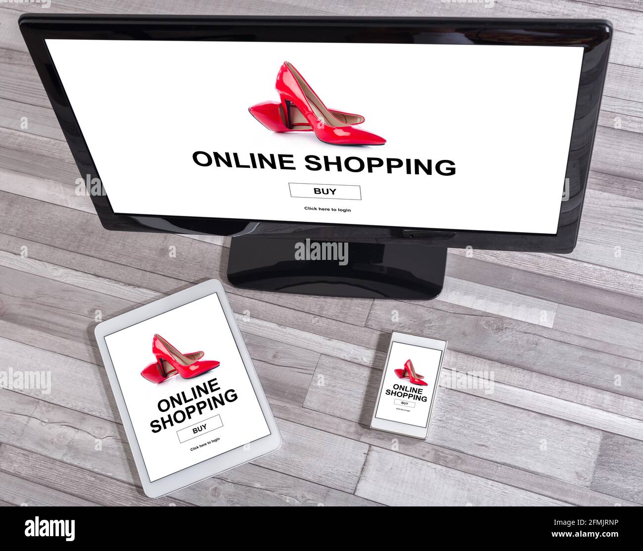 Online shopping concept shown on different information technology ...
