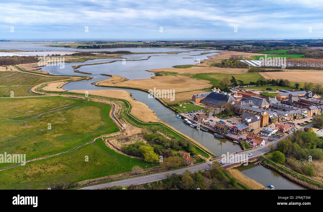 An aerial view of the River Alde at Snape Maltings in Suffolk, UK Stock ...