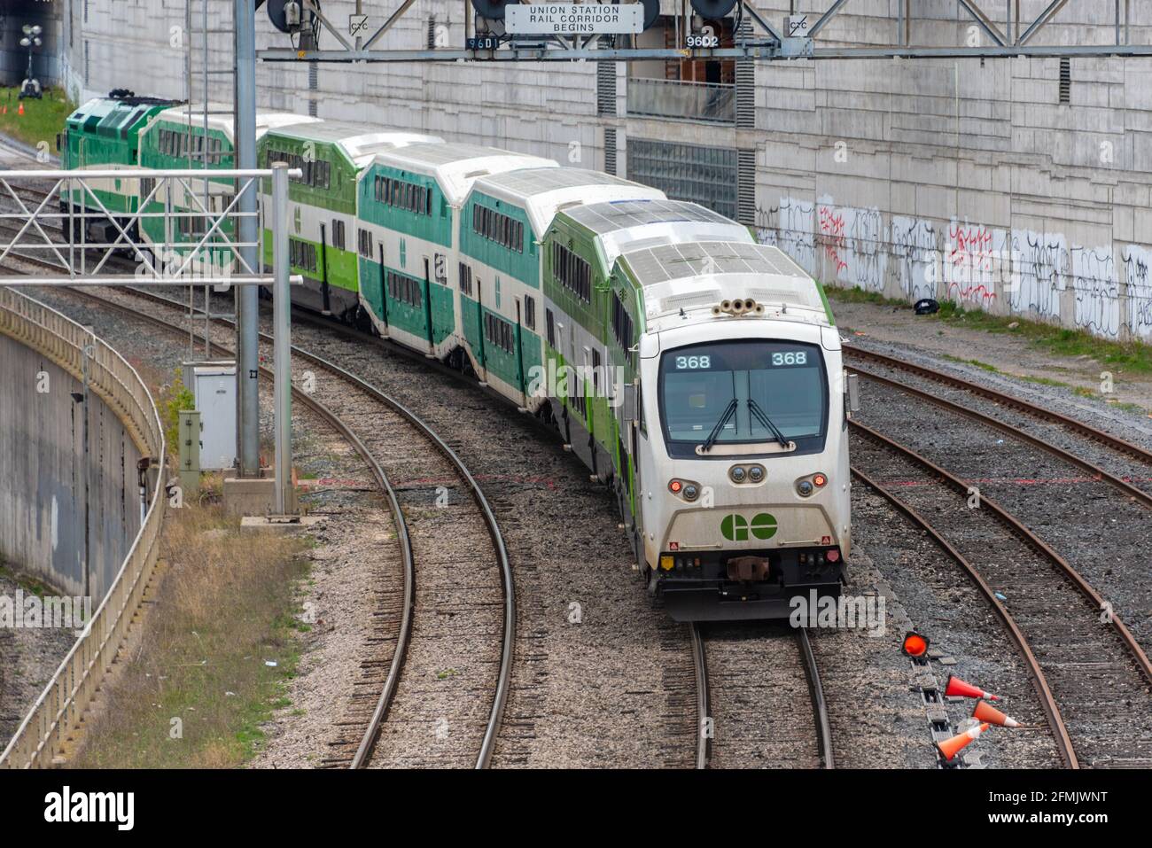 GO train of the Metrolinx crown agency arriving at Union Station ...