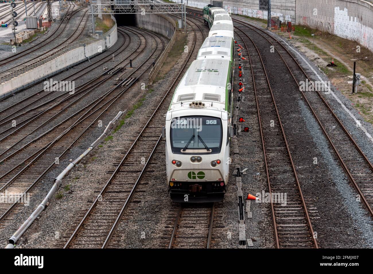GO train of the Metrolinx crown agency arriving at Union Station ...
