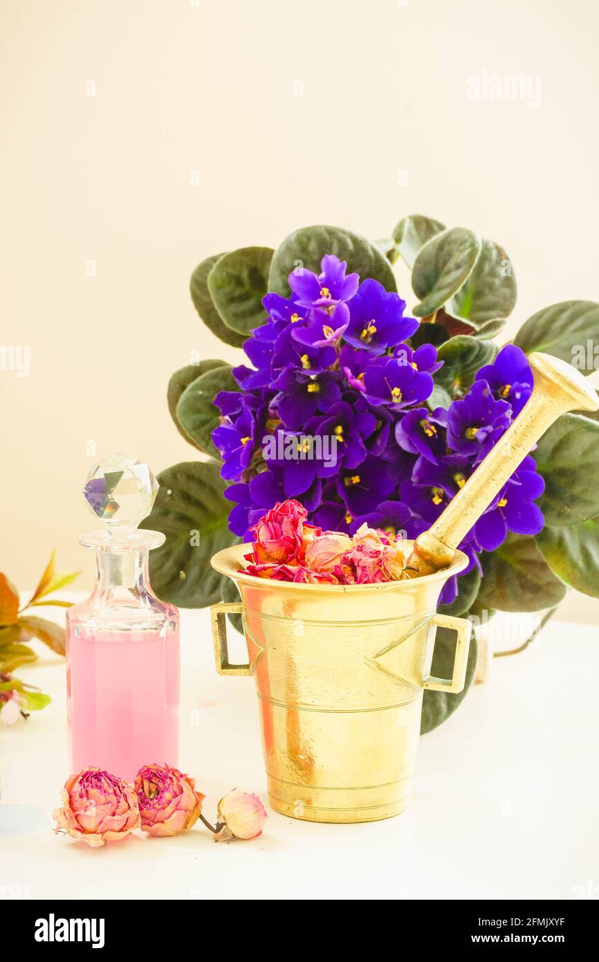 aromatherapy - dry flowers and potions Stock Photo - Alamy