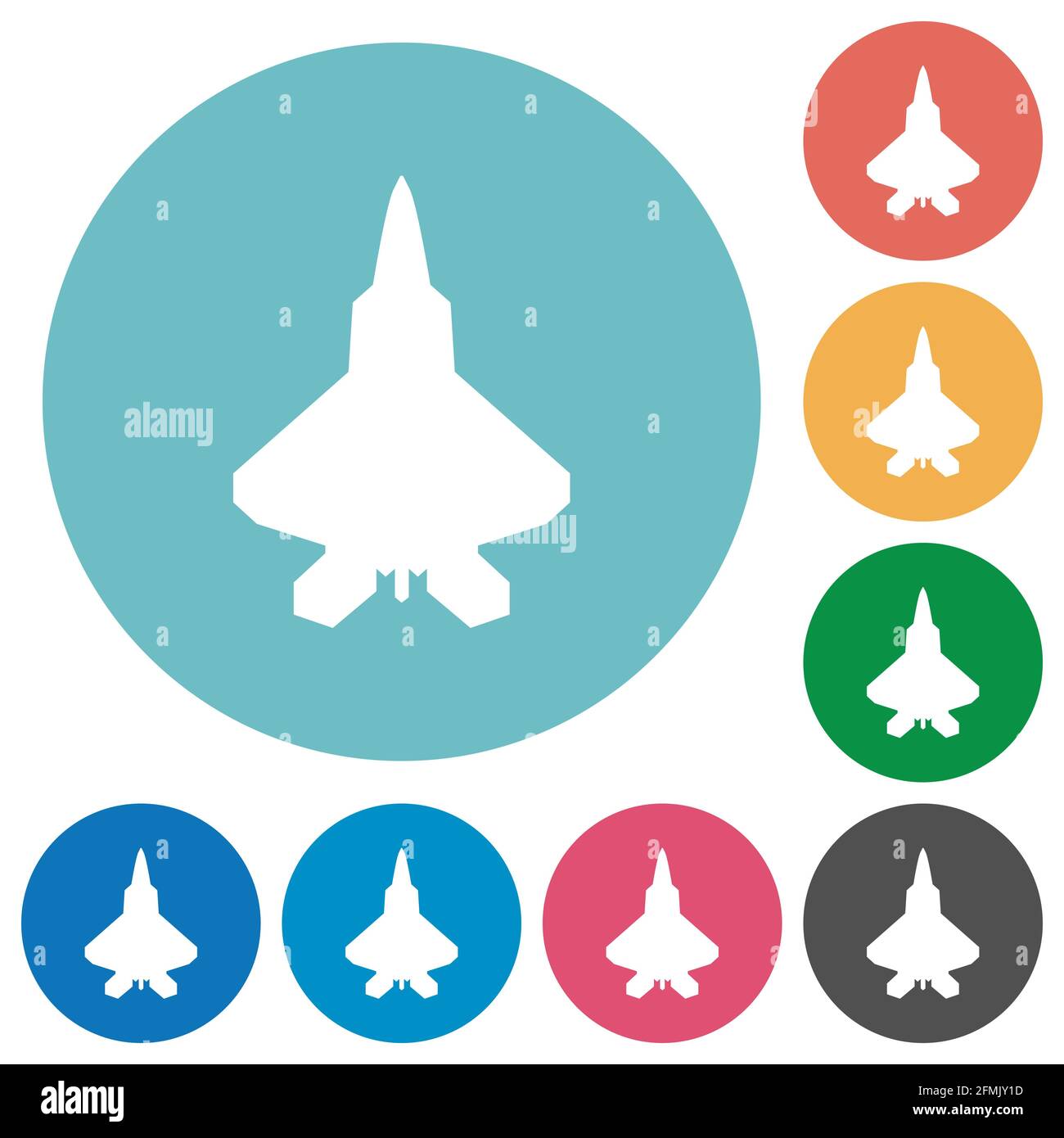 Jet fighter silhouette flat white icons on round color backgrounds ...