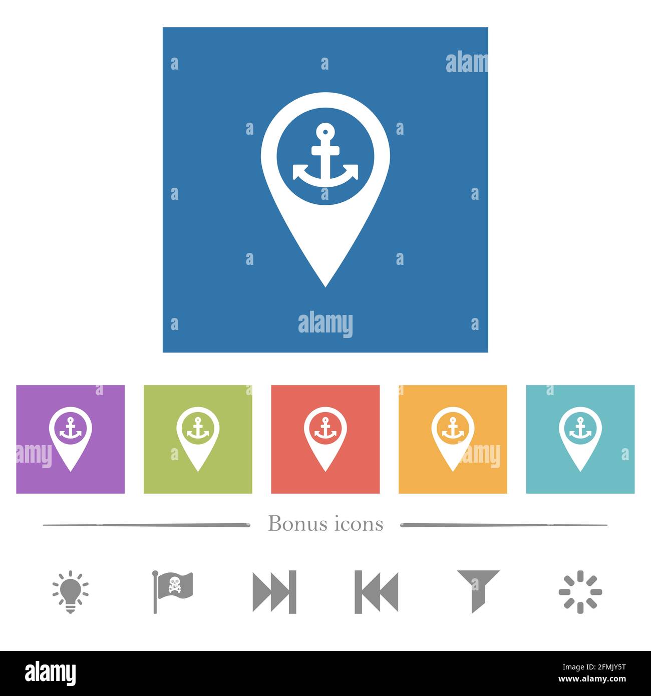 Sea port GPS map location flat white icons in square backgrounds. 6 ...