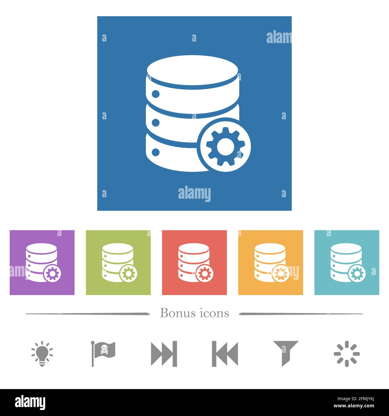 Database settings flat white icons in square backgrounds. 6 bonus icons ...