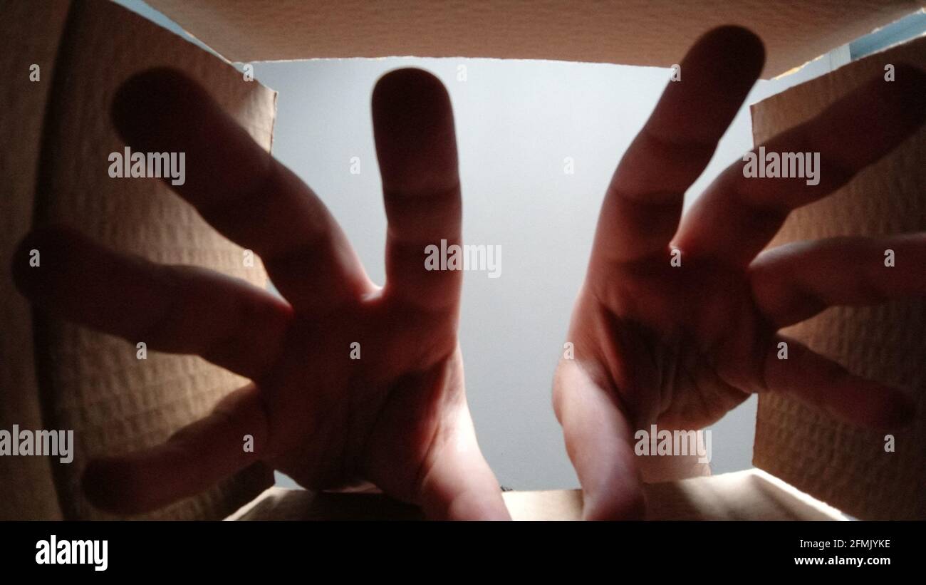 Stretching hands into the cardboard box for grab something. E-commerce ...