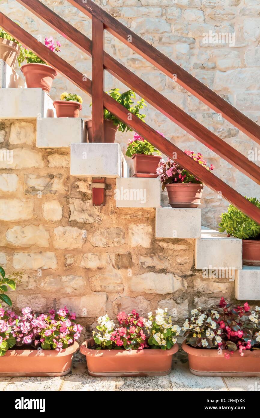 Croatia, Split, old town. Part of the staircase of a stone medieval ...