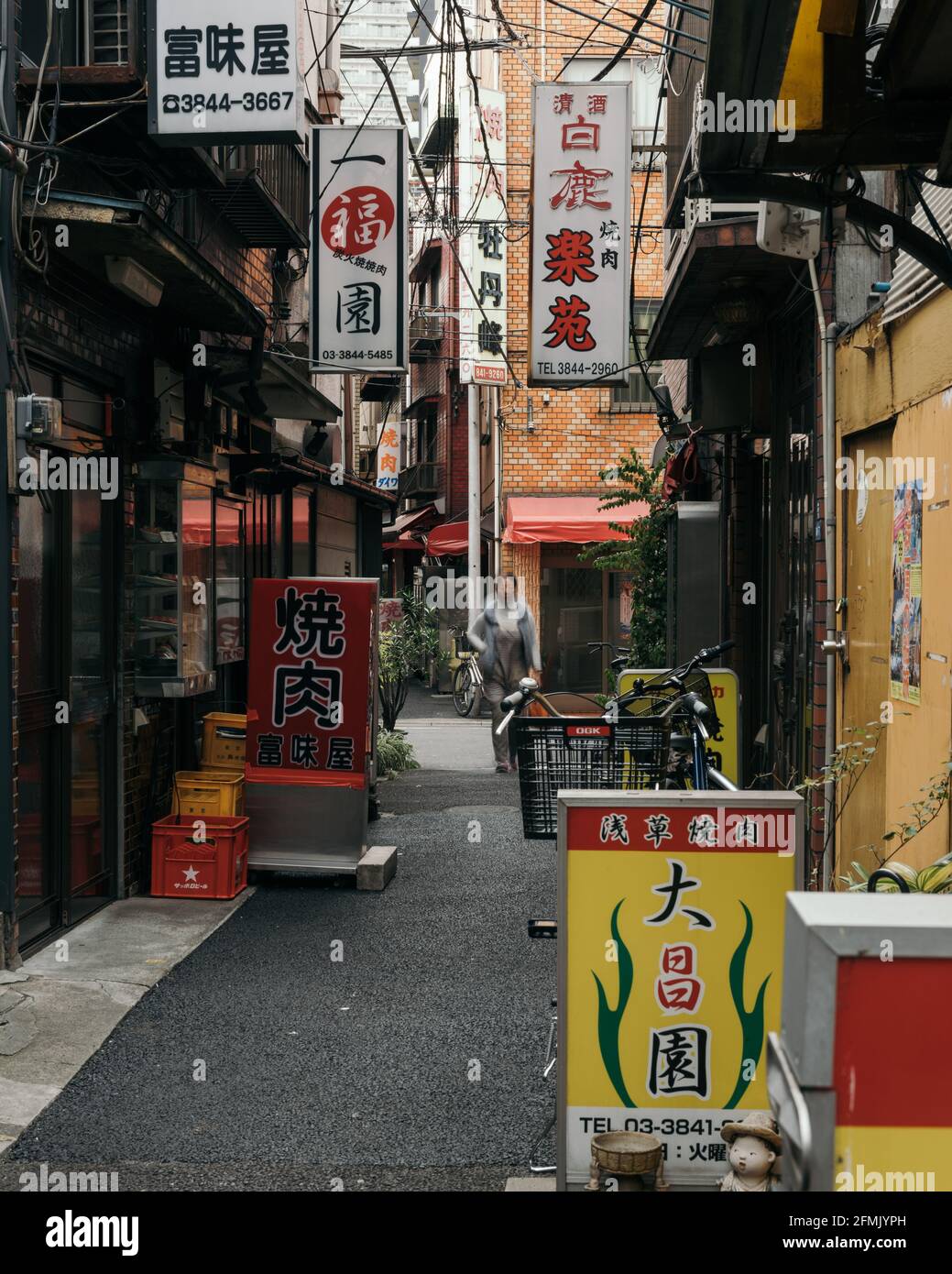 Tokyo, Japan - January 7, 2016: Hanging neon signs in the narrow ...
