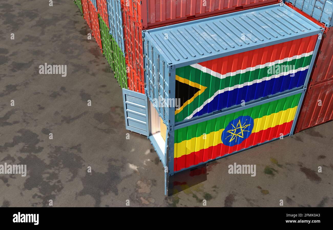 Freight containers with South Africa and Ethiopia national flags. 3D ...