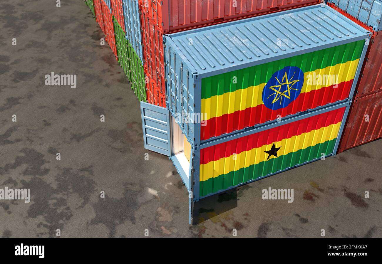 Freight containers with Ghana and Ethiopia national flags. 3D Rendering ...