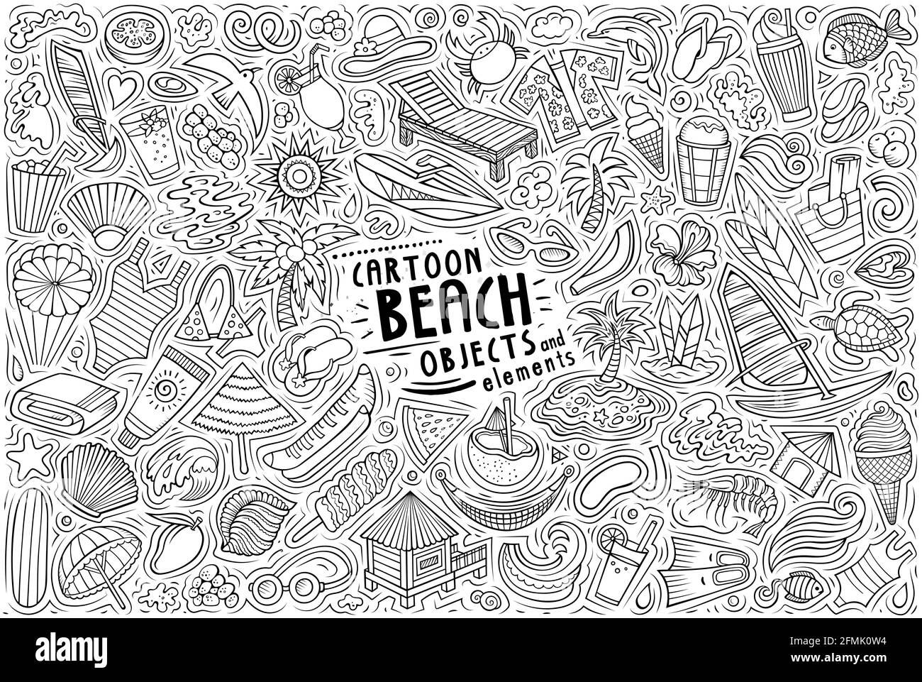 Vector hand drawn doodle cartoon set of Summer beach theme items ...