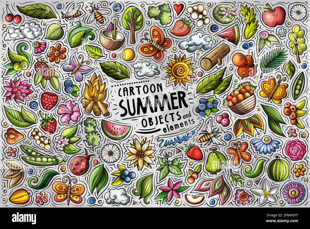 Colorful vector hand drawn doodle cartoon set of Summer nature theme ...