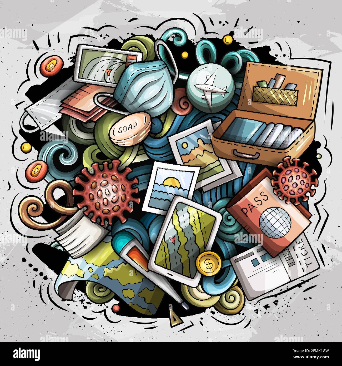 Traveling vector doodles illustration. New normal elements and objects ...