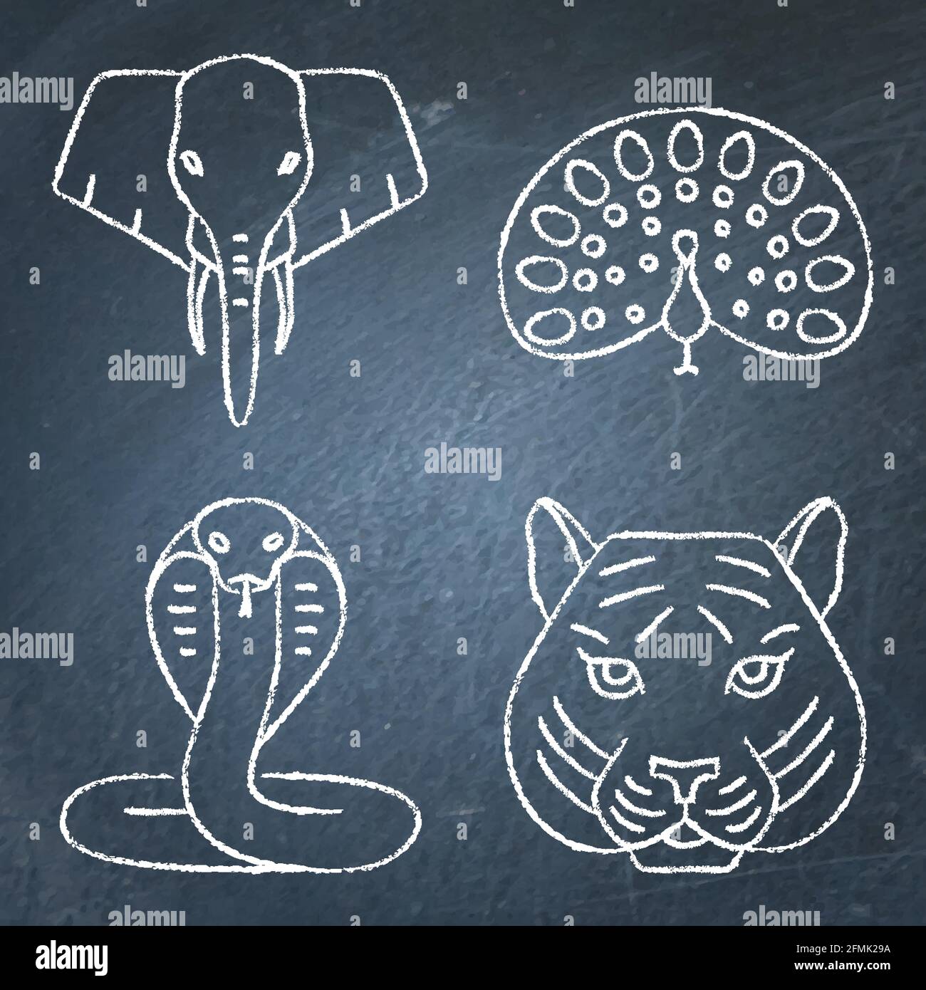 India chalkboard icons set in line style. Sacred animal symbols ...