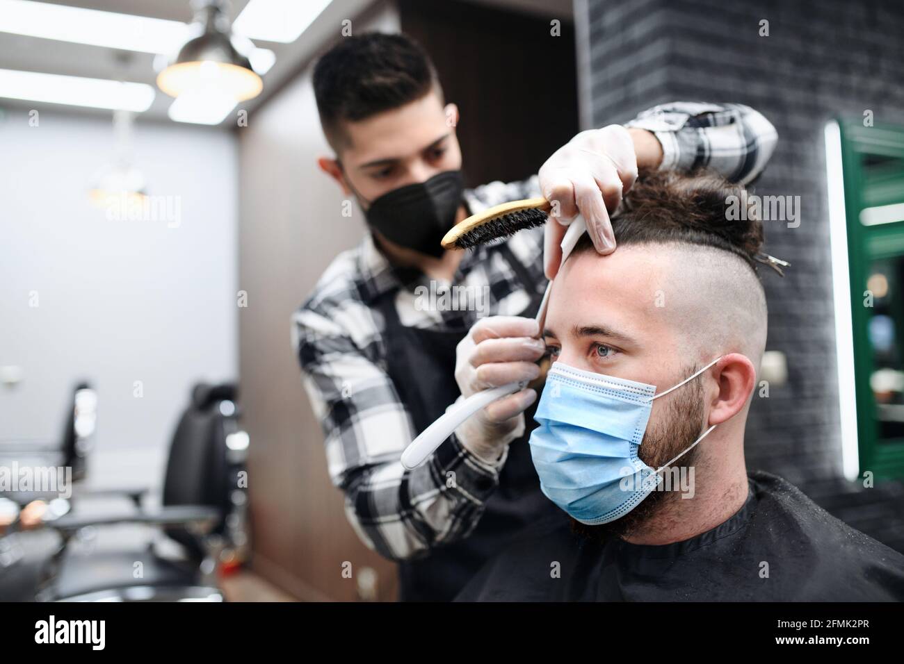 Man client visiting haidresser in barber shop, coronavirus and new ...