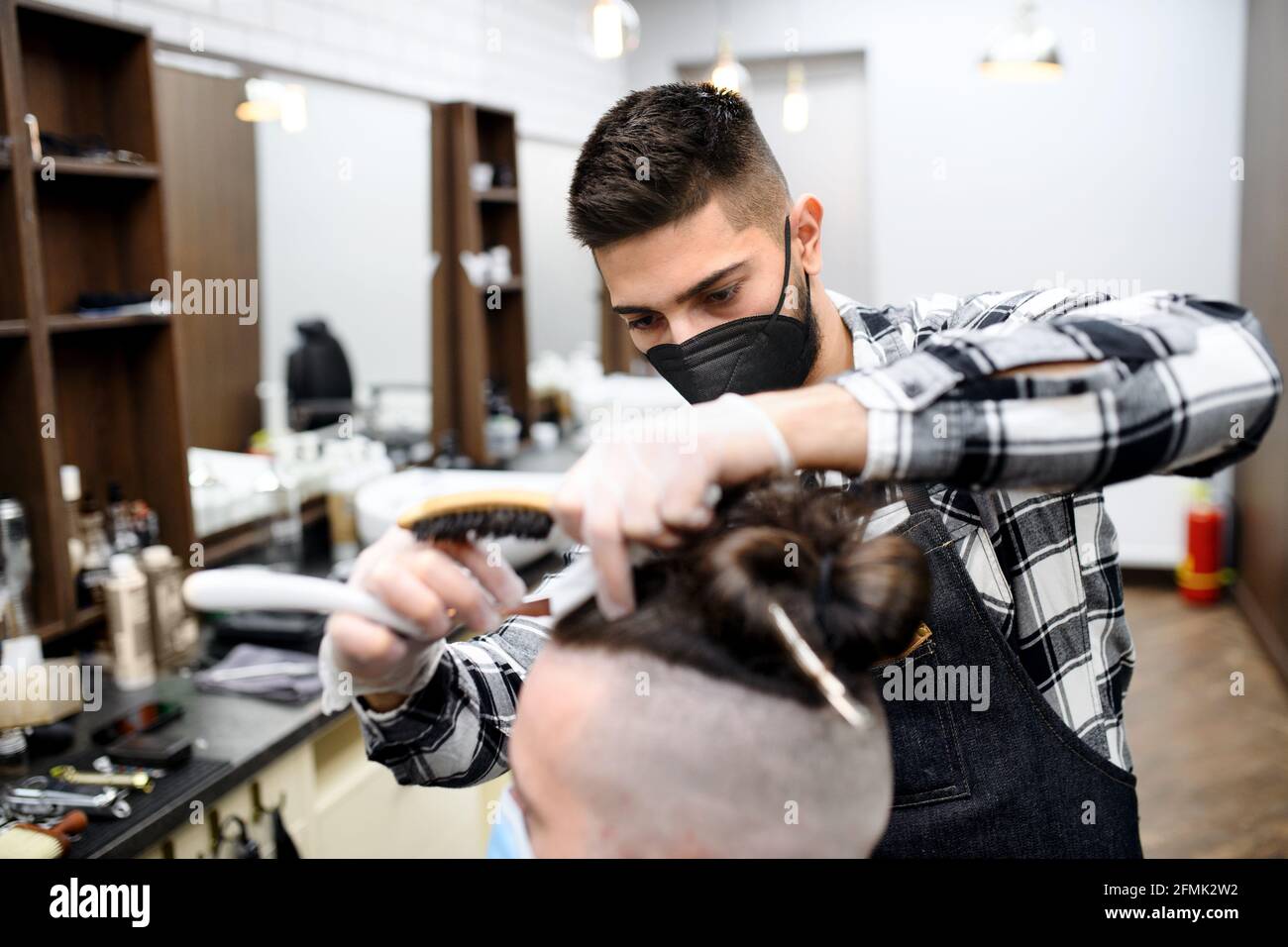Man client visiting haidresser in barber shop, coronavirus and new ...