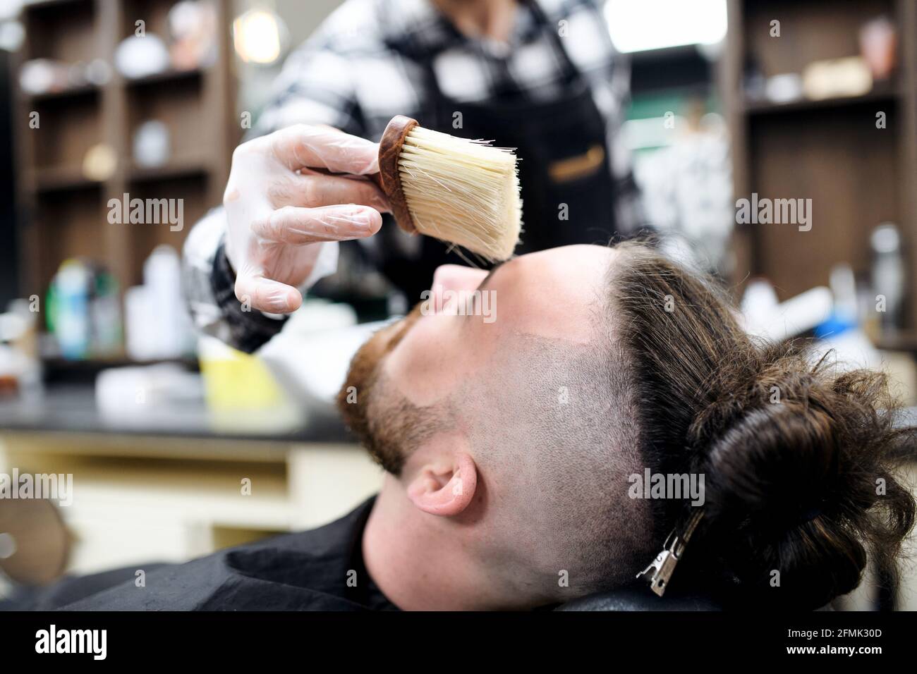 Man client visiting haidresser in barber shop, coronavirus and new ...