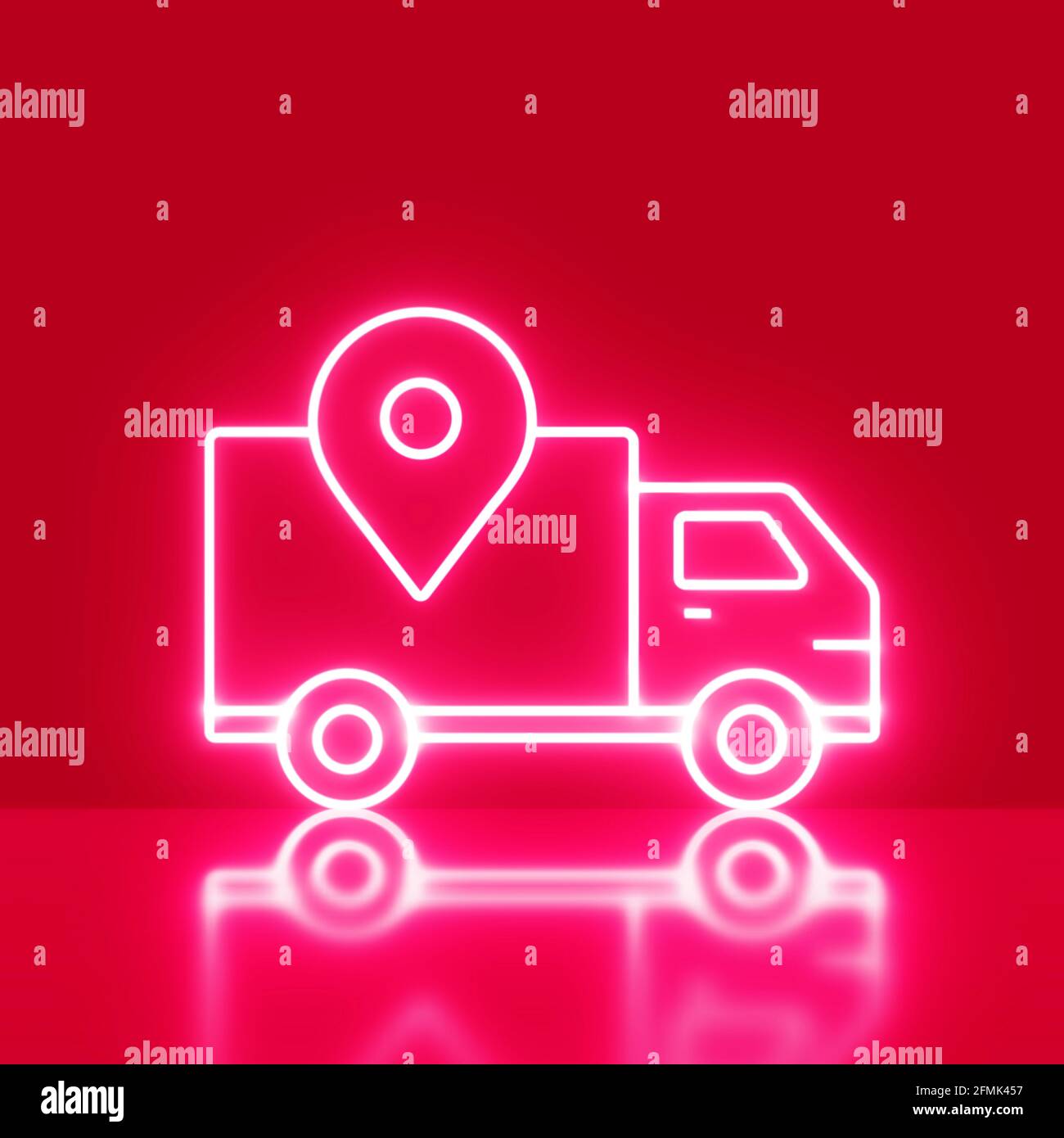 Delivery car on neon light icon on red studio background. goods, food ...