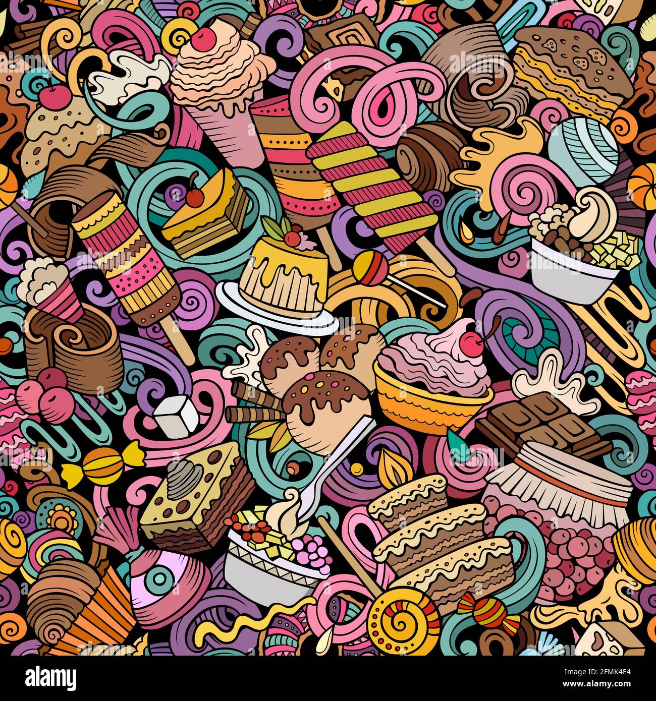 Cartoon doodles Desserts seamless pattern. Backdrop with sweet food ...