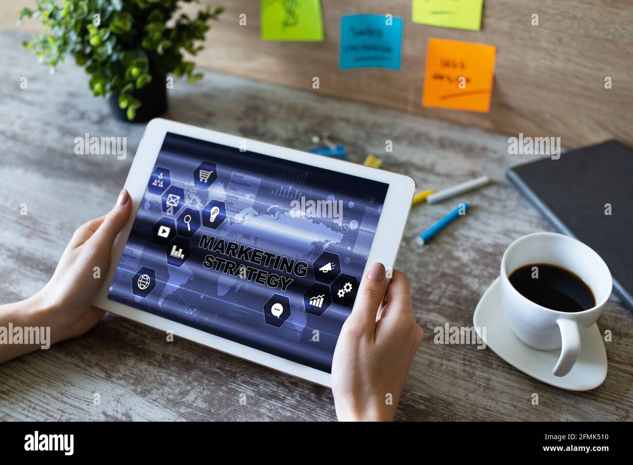 Marketing strategy diagram on device screen. Business concept Stock ...