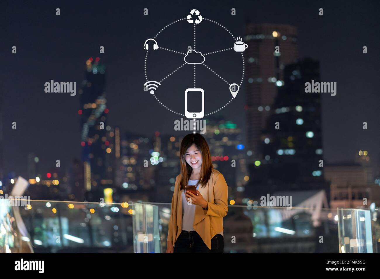Asian businesswoman using smart mobile phone with smile action for ...