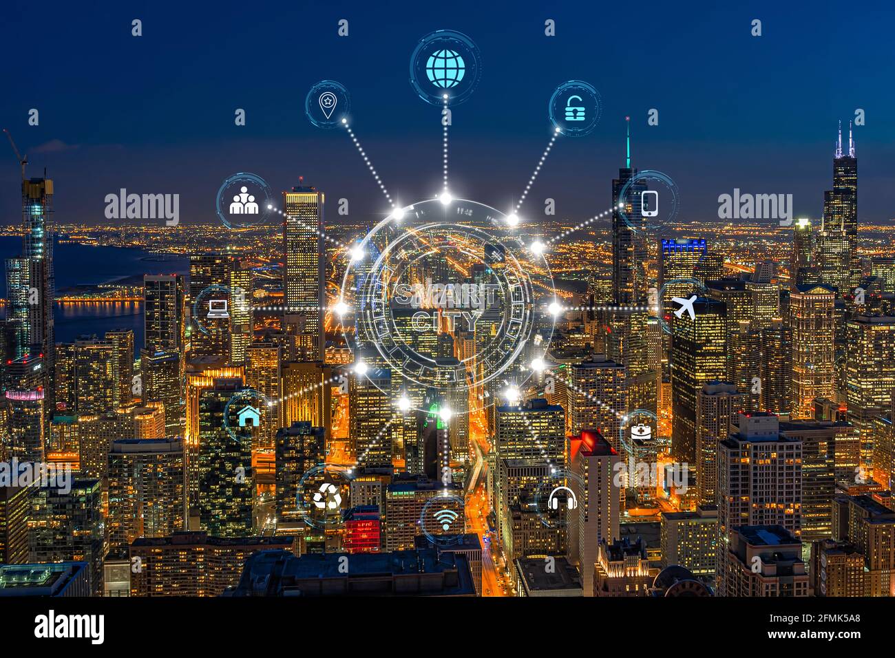 Technology connection line of Smart City over Chicago cityscape river ...