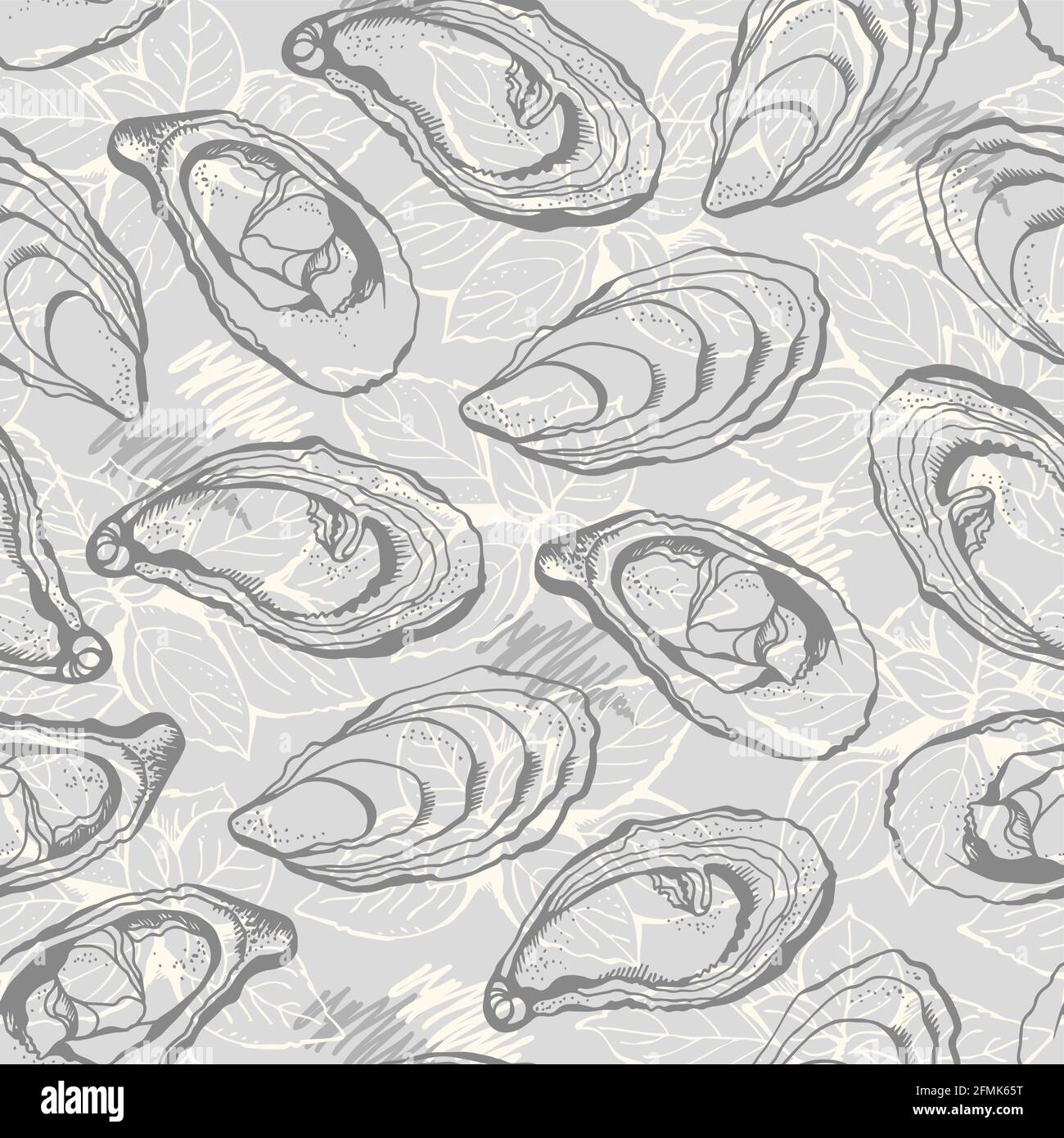 Oysters vector seamless background, hand drawn sea food background ...