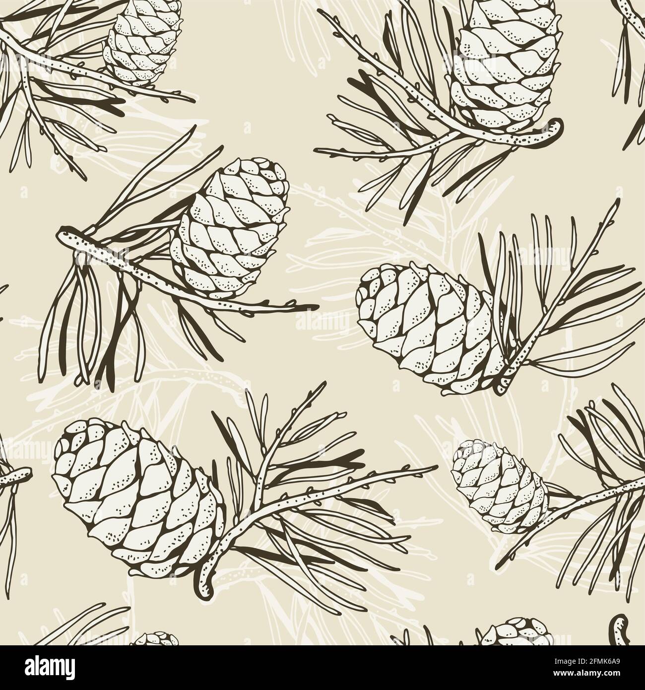 Pine cedar cone with a sprig, vector seamless hand drawn background ...