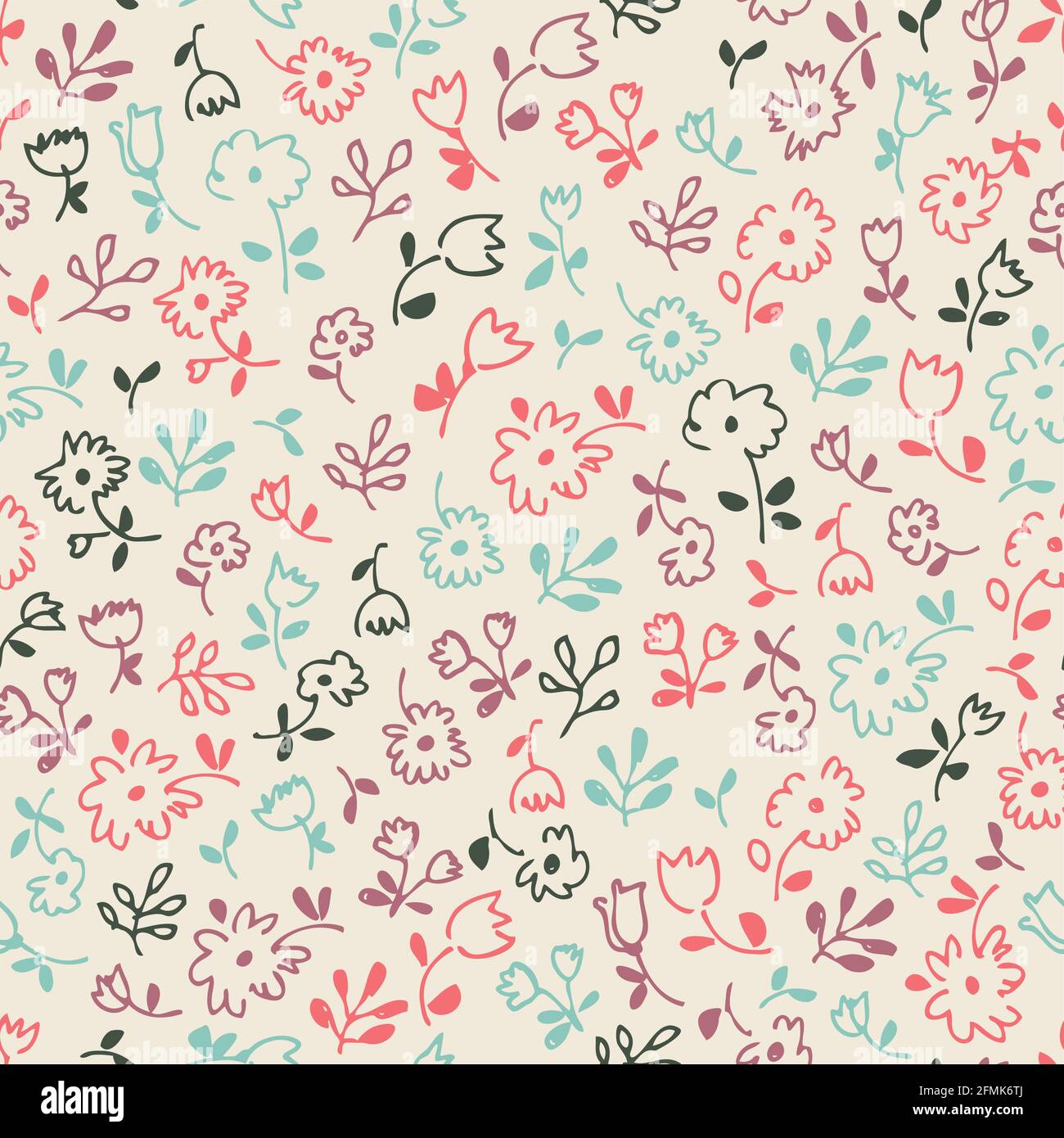 Flower doodle pattern, vector hand drawn floral background Stock Vector ...