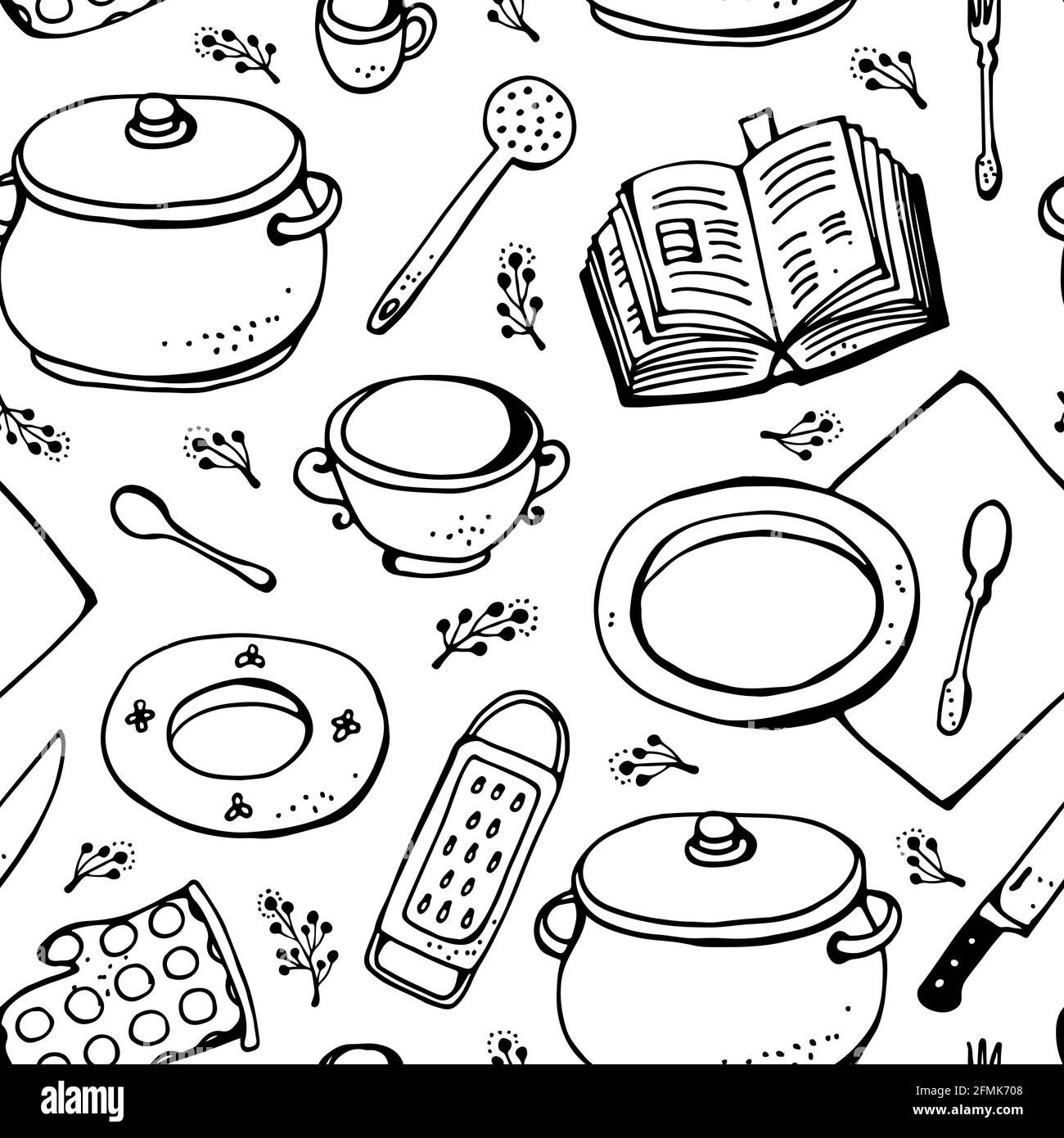 Kitchen vector pattern, seamless collection of hand drawn kitchen ...