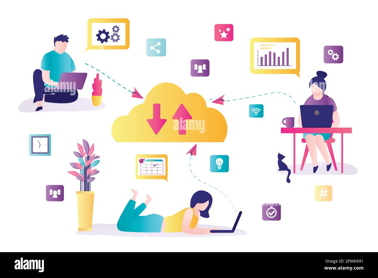 Cloud data storage. Group of business people working online. Download and upload data ...