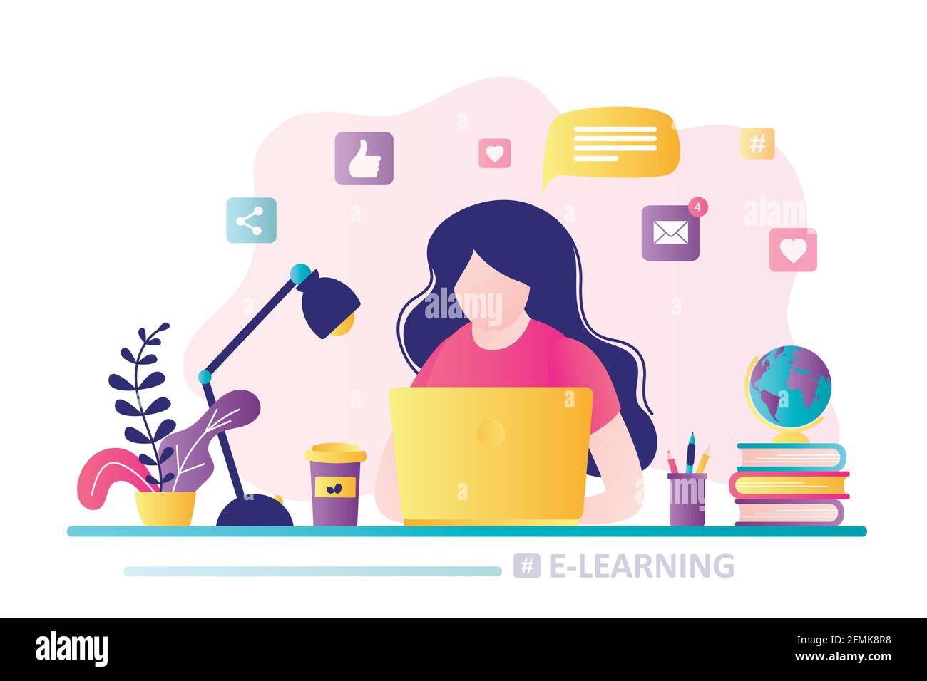 E-learning banner. Online education, home schooling. Modern workplace ...