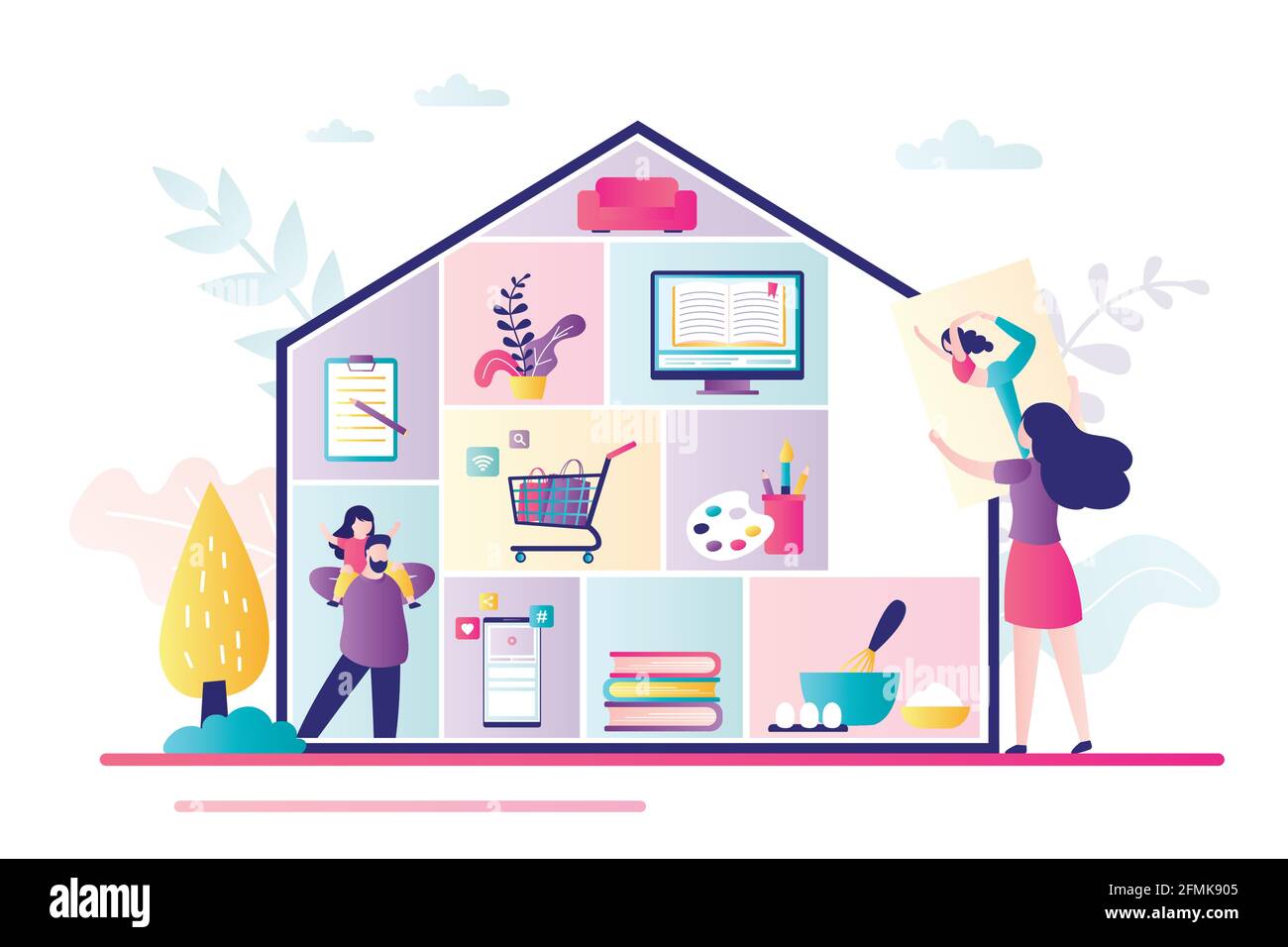 Home activities, entertainments and works. Family at home. House ...