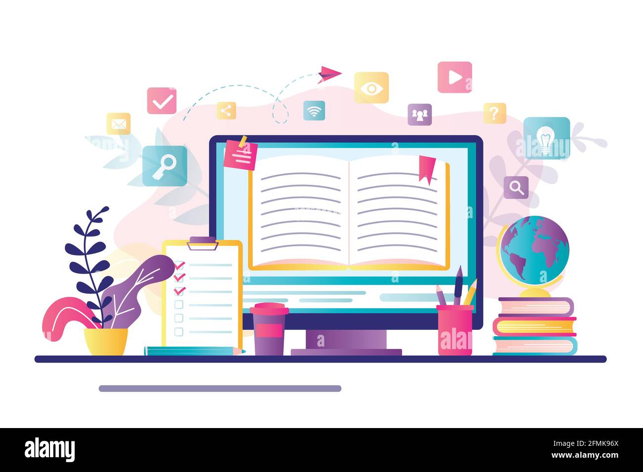 E-learning banner. Online education, home schooling. Modern workplace ...