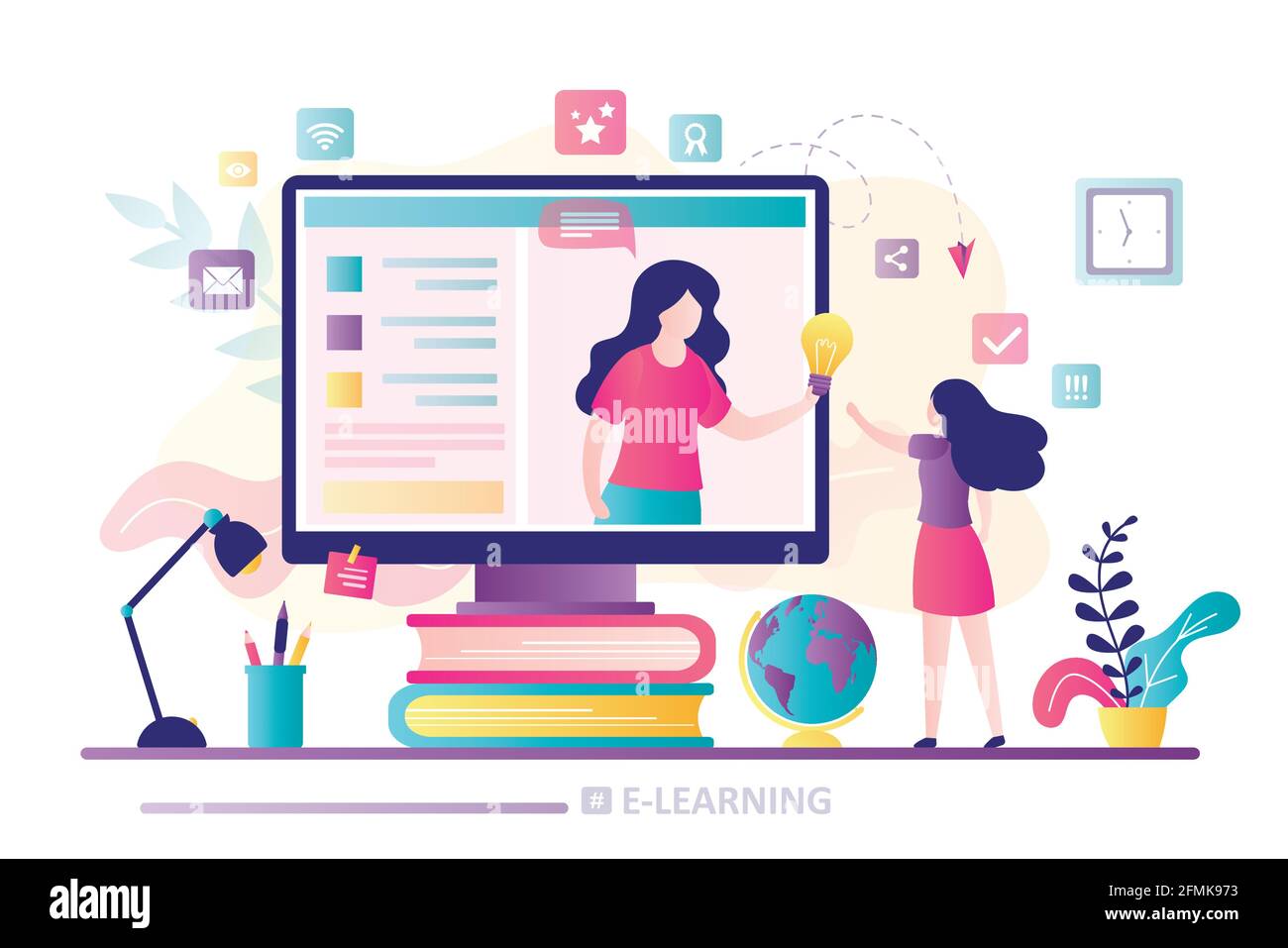 E-learning banner. Online education, home schooling. Girl student gets ...