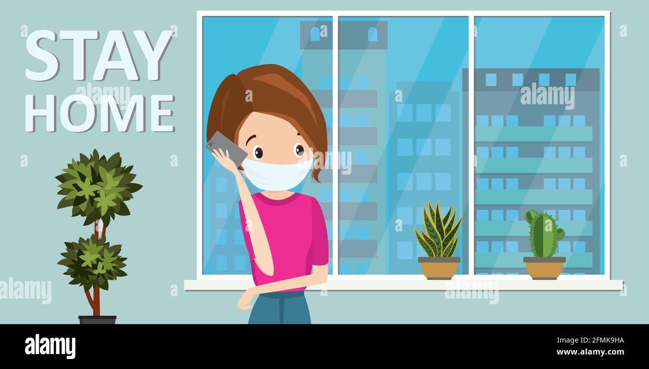 Cartoon woman stay at home, quarantine or self-isolation. Health care ...