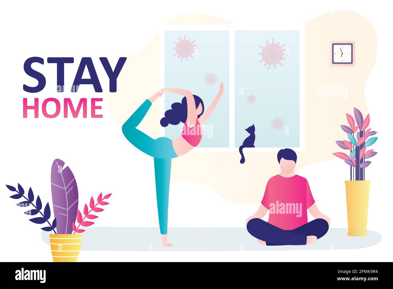Stay home banner. Couple practices yoga,room interior. Couple sits at ...