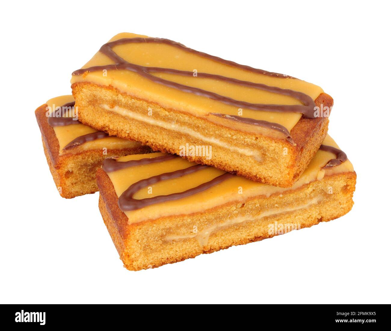 Caramel flavour sponge cake slices topped with salted caramel icing ...