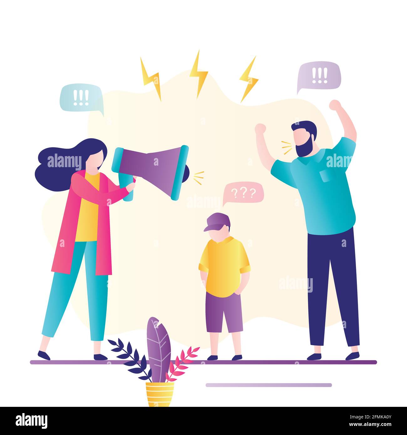 Quarrel in family. Сartoon angry parents swearing child. Mom and Dad ...