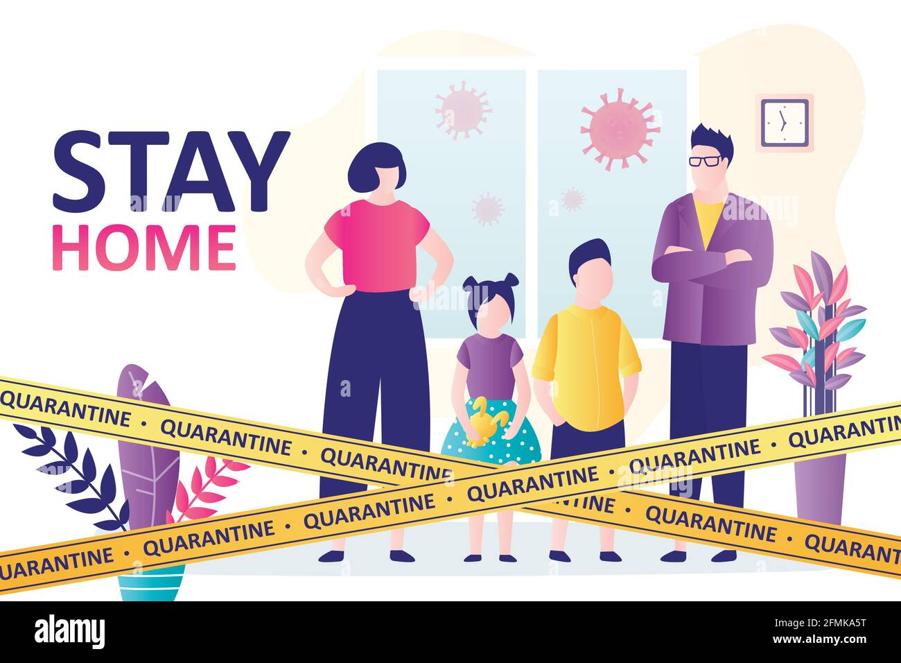 Stay home banner. Family at home,parents with kids. Quarantine or self ...