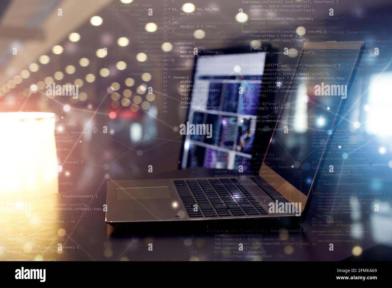 Front End Web Developing Programming Code Language For Website On Laptop Mix Media Background