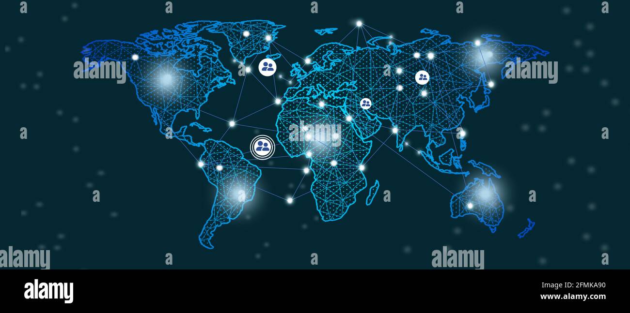 Network connections concept with people icons and world map on blue ...