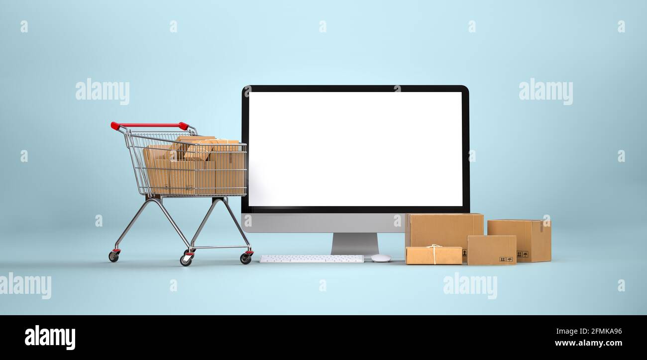 Computer with blank screen, shopping trolley and carton delivery boxes ...