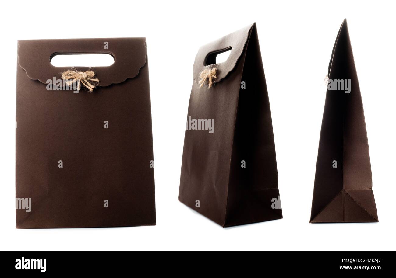 Brown paper bag isolated on white background. Side, front, three ...